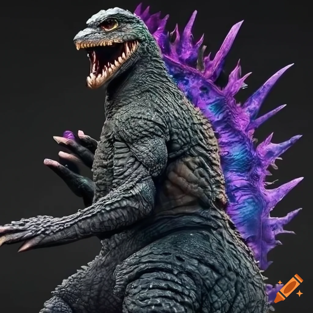 Vibrant green godzilla with raised purple spiky dorsal plates on Craiyon