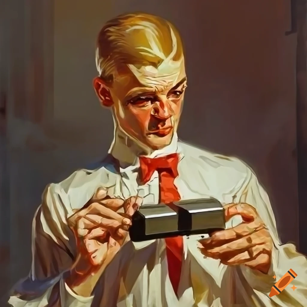 Sci-fi hyperrealistic depiction of a chemist holding a large magnet on ...