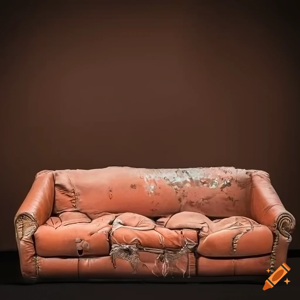 Abandoned worn leather couch with peach piping littered with debris on ...