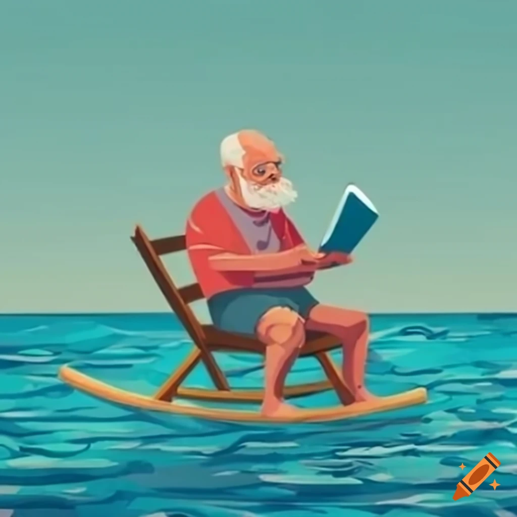 Elderly man reading on a rocking chair atop a raft in the ocean on Craiyon