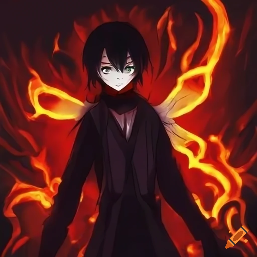 Dark anime character with glowing eyes in a fiery environment on Craiyon