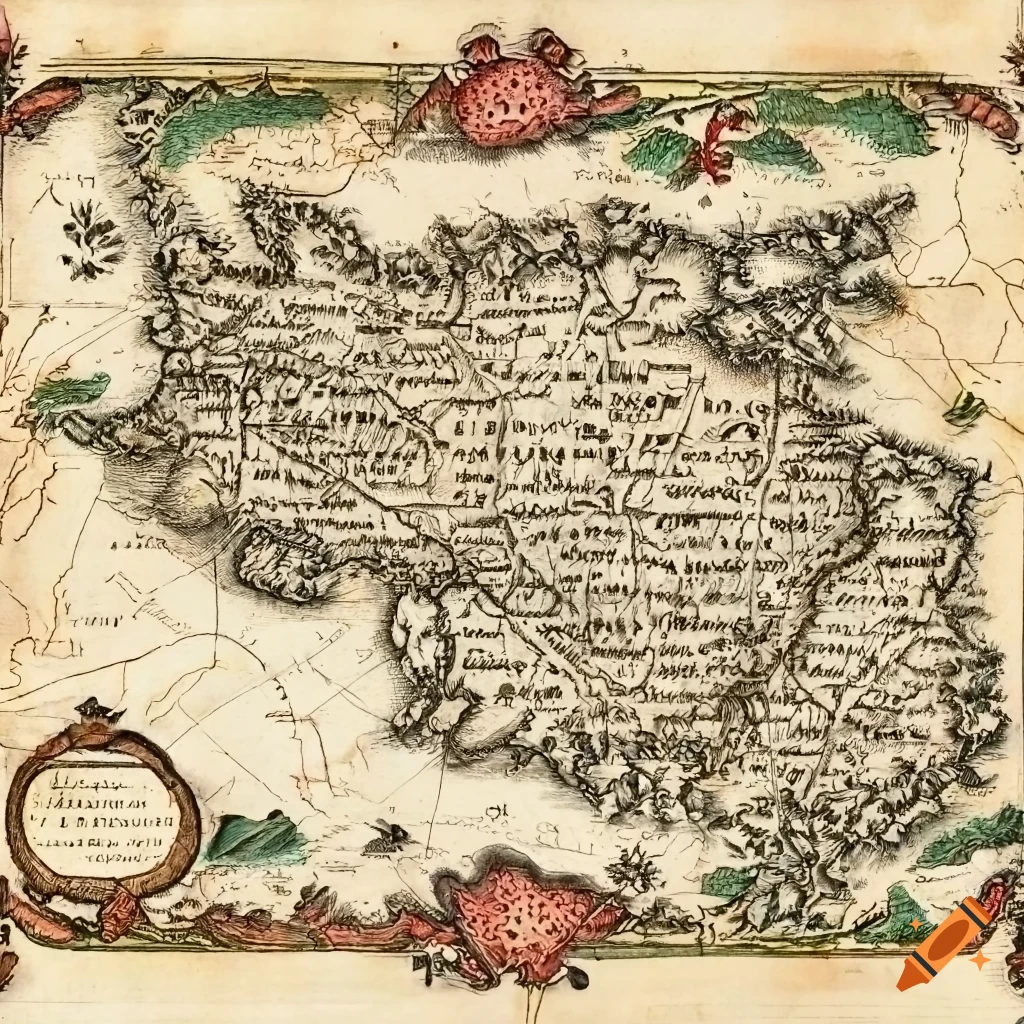 Intricately-detailed medieval map adorned with bay leaves, thyme, fish ...