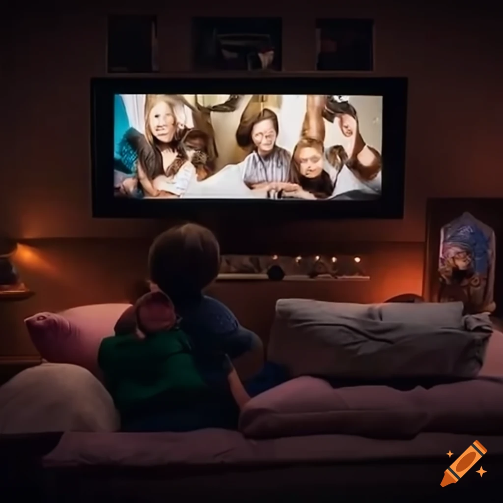 Happy family watching a movie on a screen through a video projector on ...