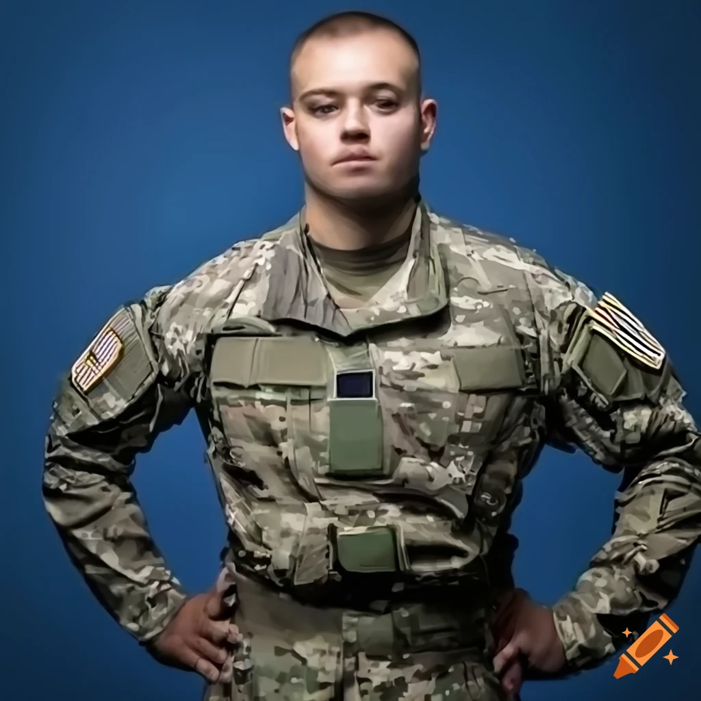 Soldier facing forward on a blue background on Craiyon