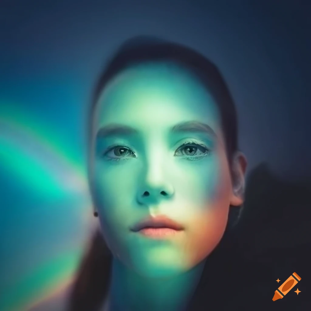 Glowbow portrait behind glass with eclectic beauty against cloudy sky ...