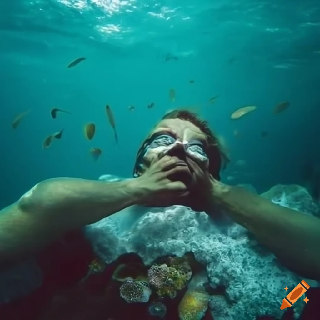 Psychedelic man underwater in a colorful and absurd sea environment on ...