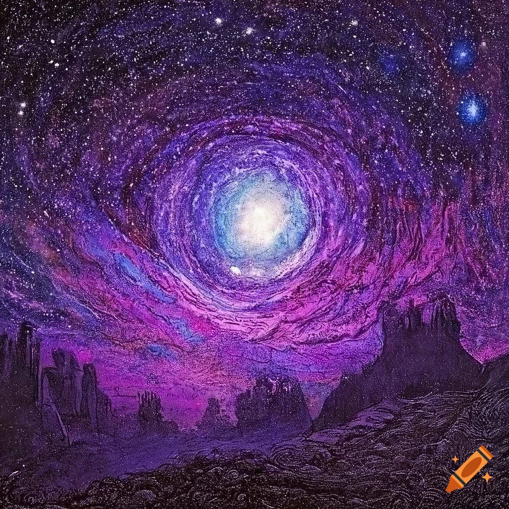 Stunning cosmic space with stars and galaxy in purple ink drawing style ...