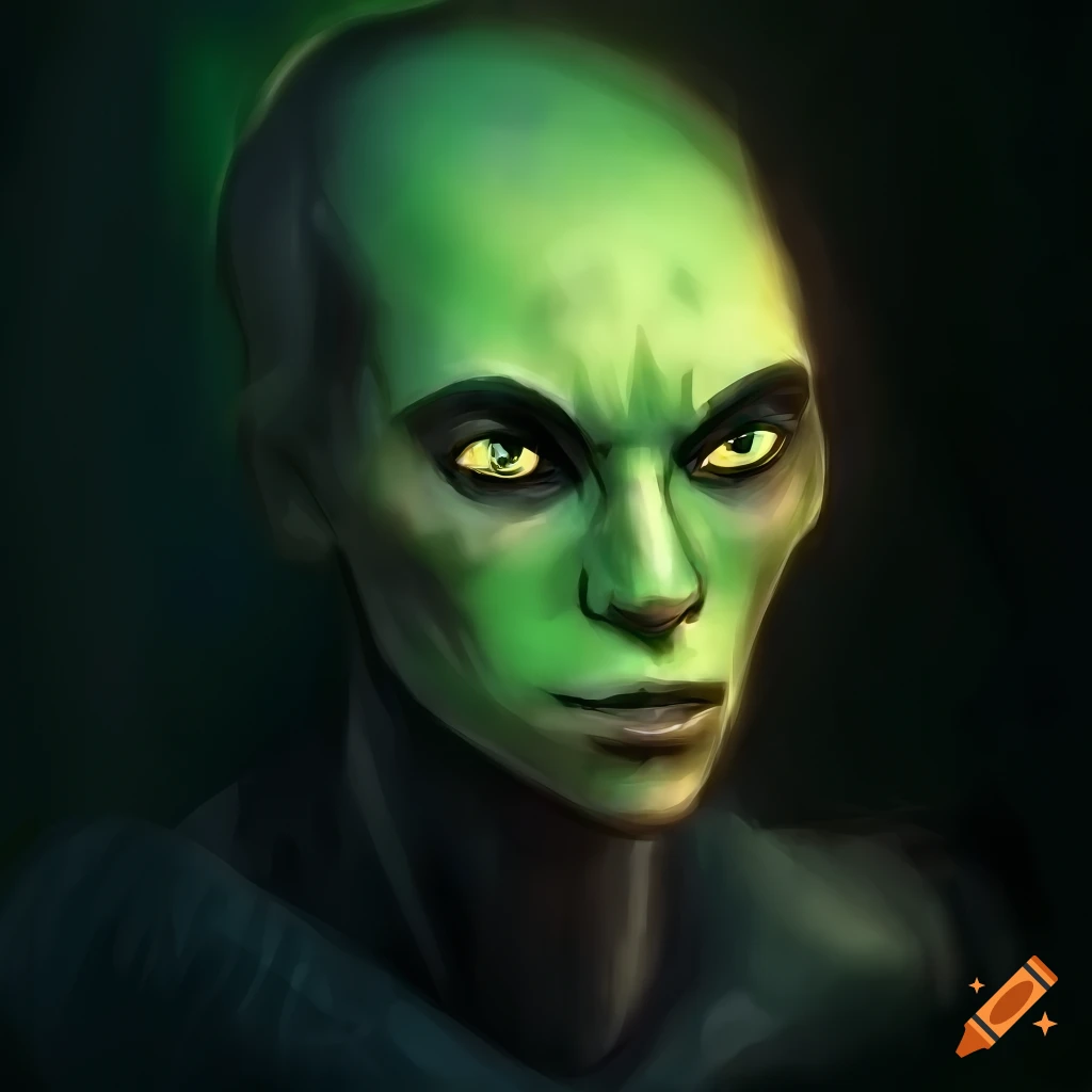 Sci-fi fantasy race with green skin and unique facial features in a ...