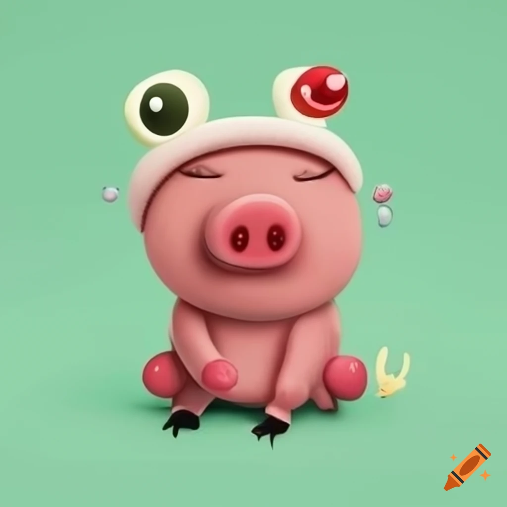 Cartoon pig in a frog-shaped winter hat sleeping on Craiyon