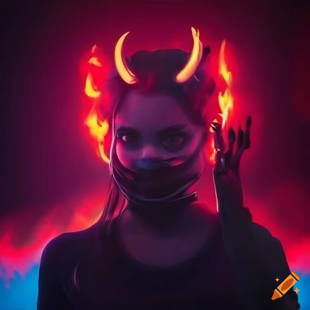 Edgy female gamer with demon accessories against a neon red and black ...