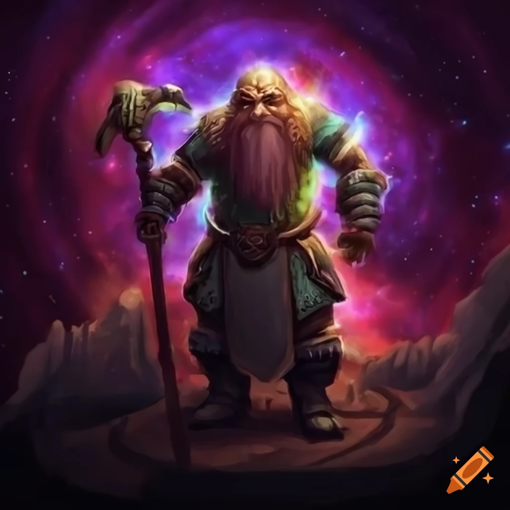 Mythical dwarf cyborg warlock exploring a cosmic desert landscape in ...