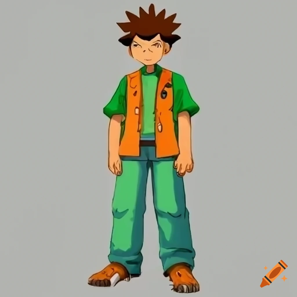 Brock from pokemon in orange vest over green shirt on Craiyon