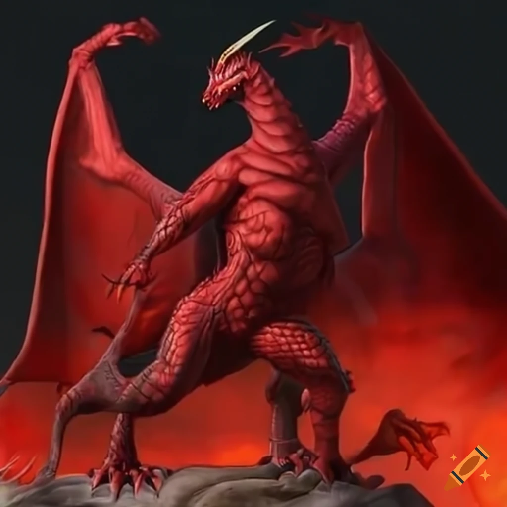 Red dragon engaged in battle with human fighter on Craiyon