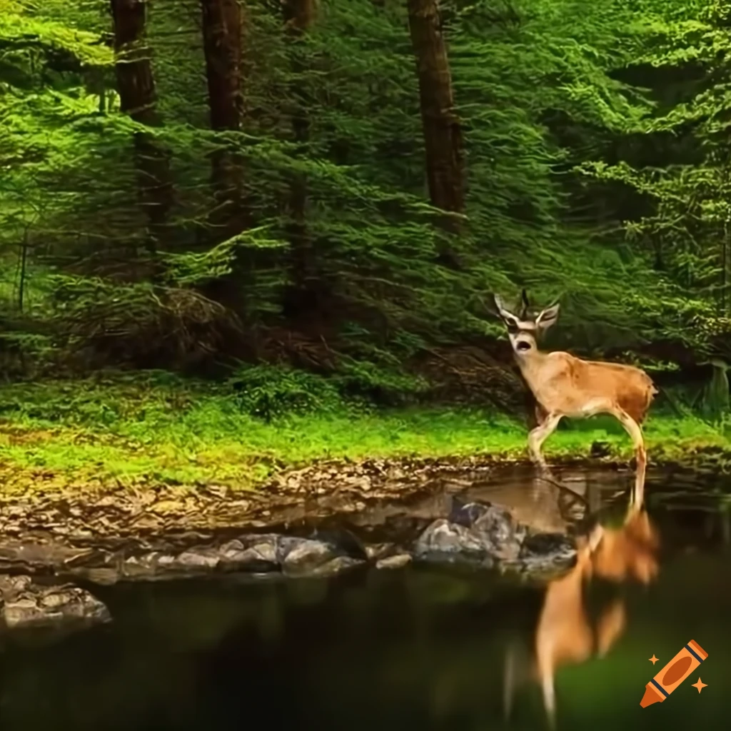 Peaceful forest scene with deer drinking from a clear stream on Craiyon