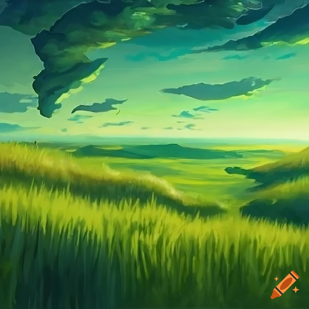 Grassy plains flatland wide view in MTG art style on Craiyon