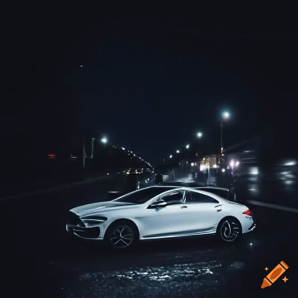 White mercedes benz with dark tint driving on highway at night on Craiyon