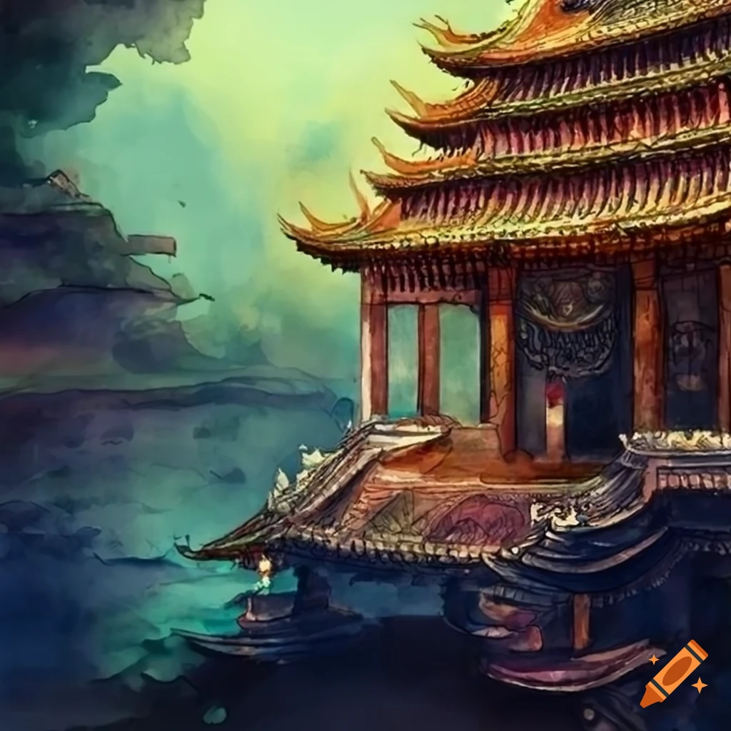 Watercolor fantasy asian temple on Craiyon