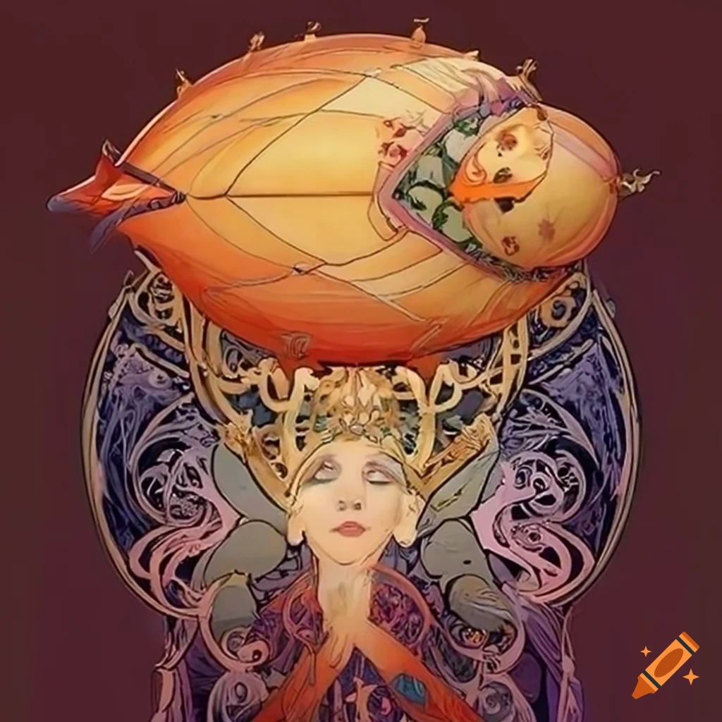 Airship shaped like a fish inspired by alphonse mucha on Craiyon