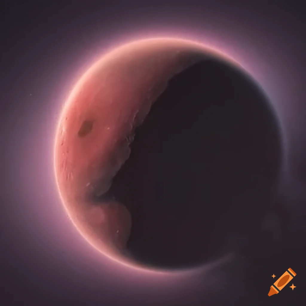 Red planet with rings, moon, and sharp space elements on Craiyon