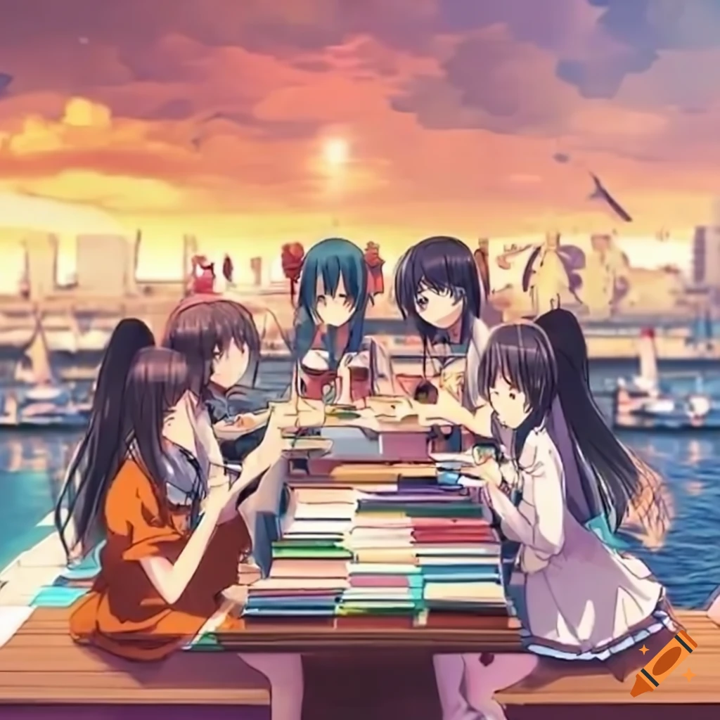 Group of cheerful anime girls studying science books at a crowded ...