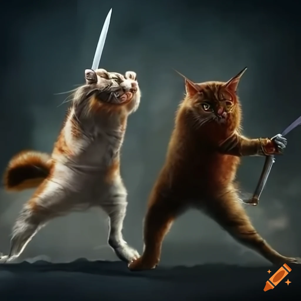 Realistic cats battling with swords on Craiyon