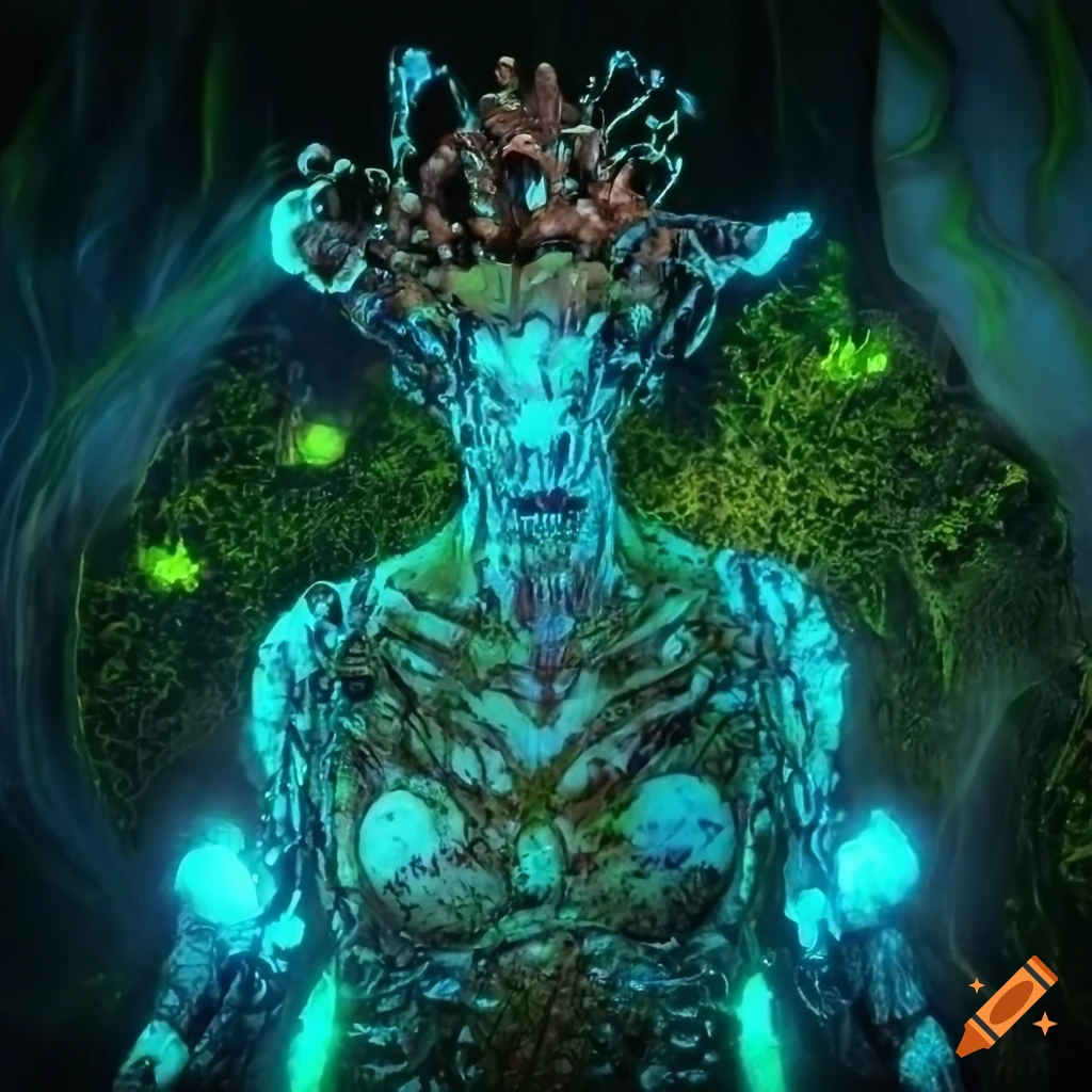 Glowing biopunk cityscape with greenery, crystals, and cyborg mutant ...