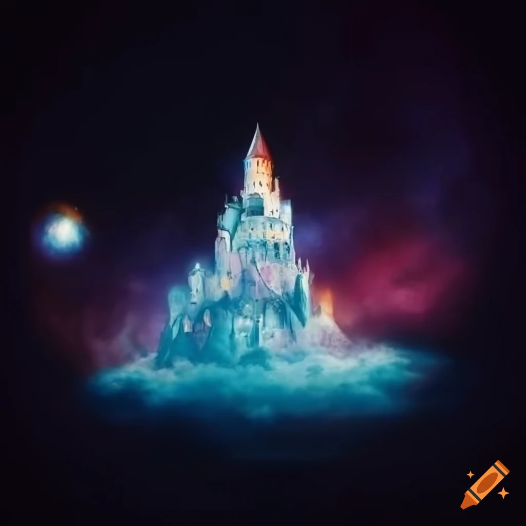 Cloud-like castle floating among colorful nebulas in space on Craiyon