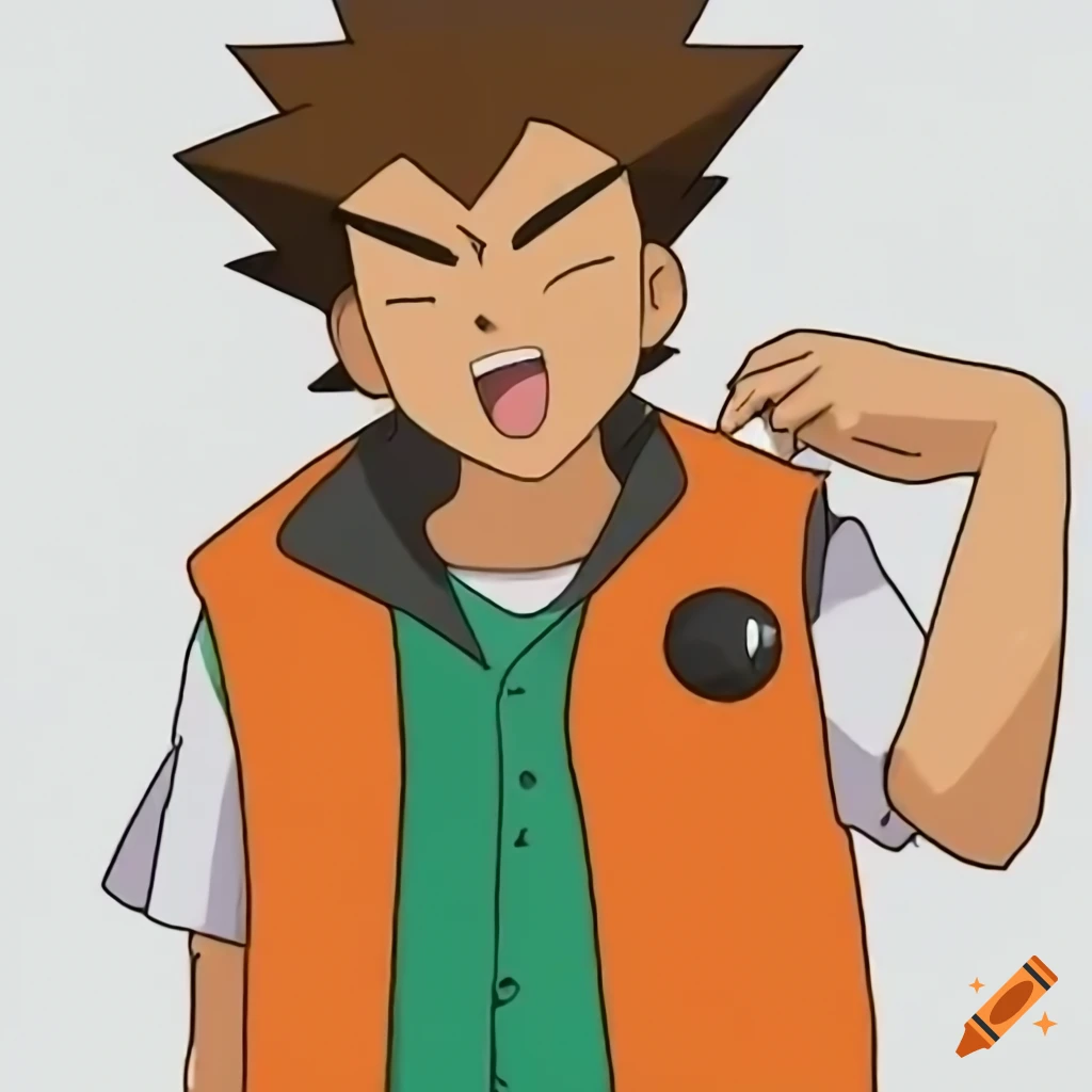 Brock from Pokemon with eyes closed wearing orange vest over green ...