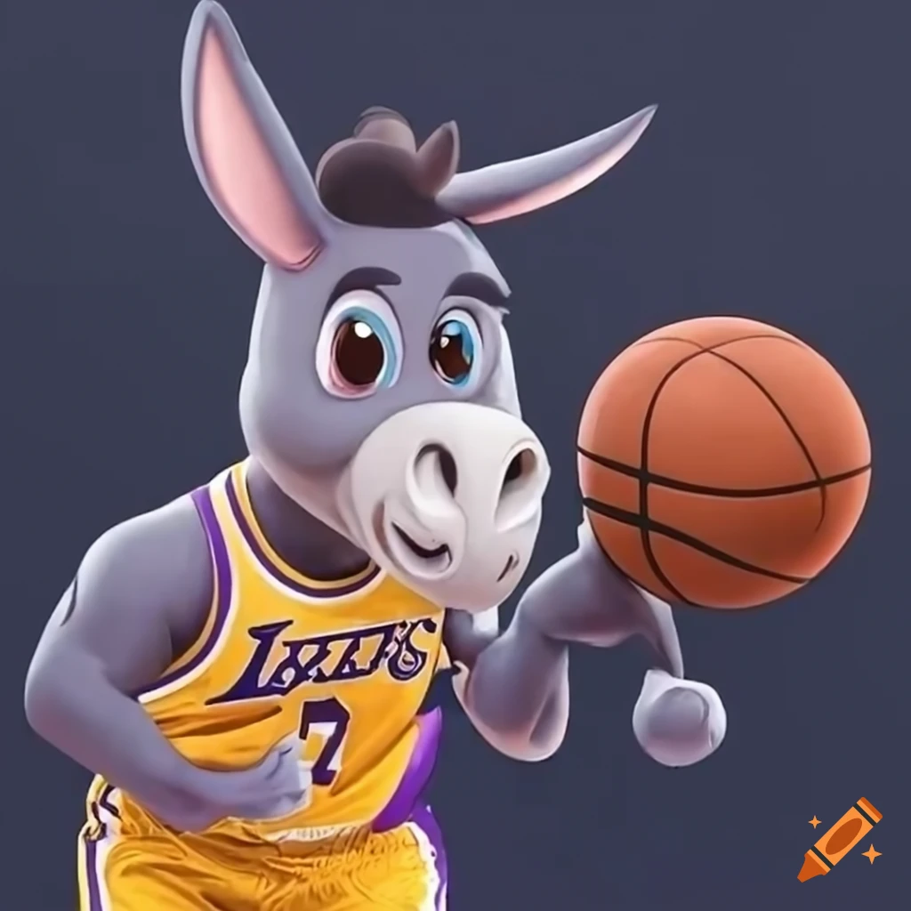 Cartoon donkey playing basketball in Lakers jersey on Craiyon