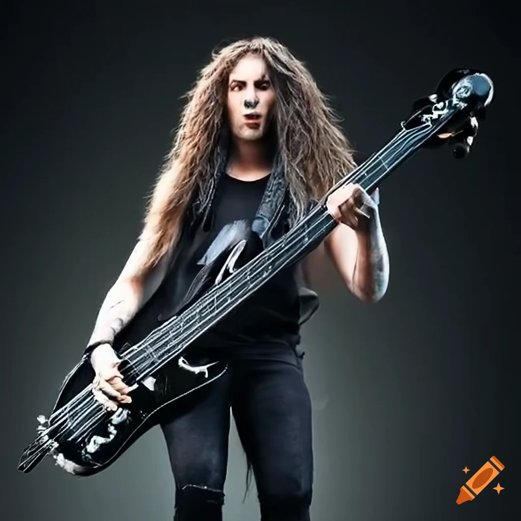 Long hair metal bass player in black tank top and blue jeans on Craiyon
