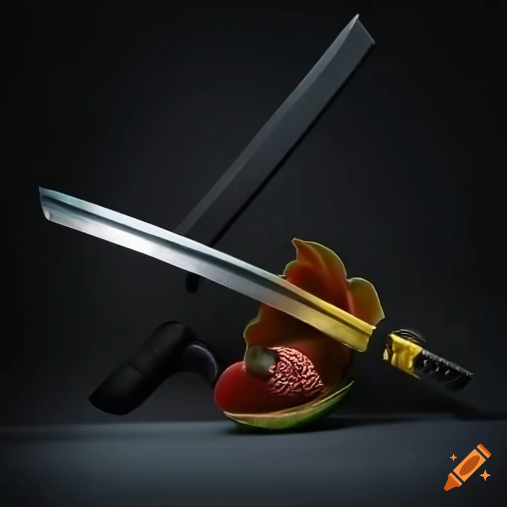 Katana sword behind a melon with a bee buzzing out on Craiyon