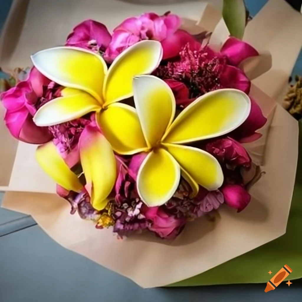 Bouquet of frangipani, ylang-ylang, orchid, and vanilla pod flowers on ...