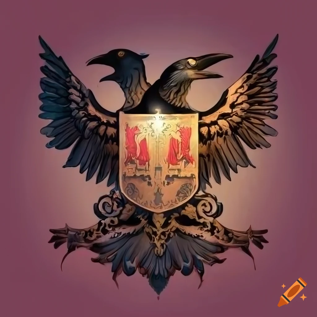 Intricately detailed coat of arms with a majestic raven and medieval ...