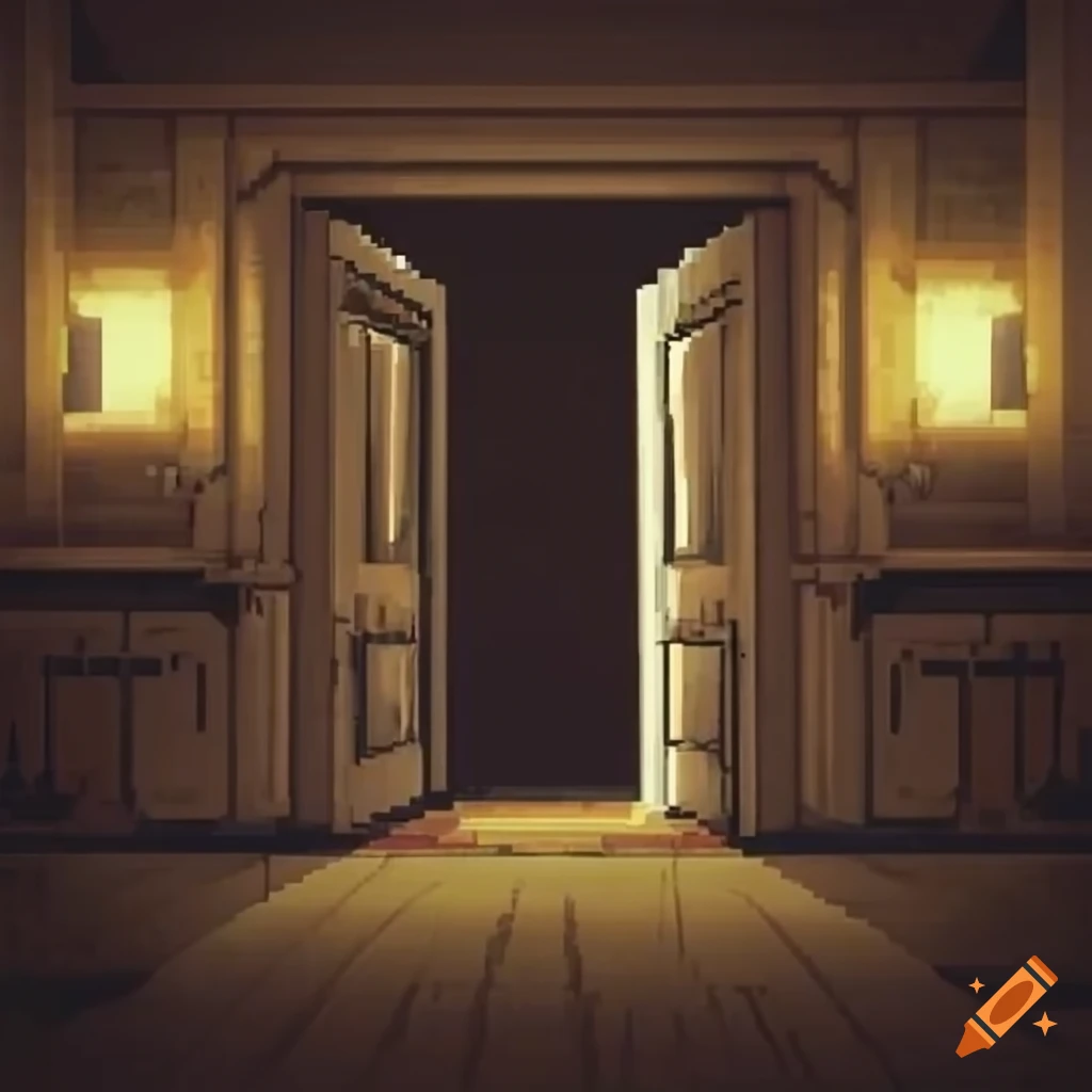 Eerie pixelated room with an open doorway in a corridor setting on Craiyon