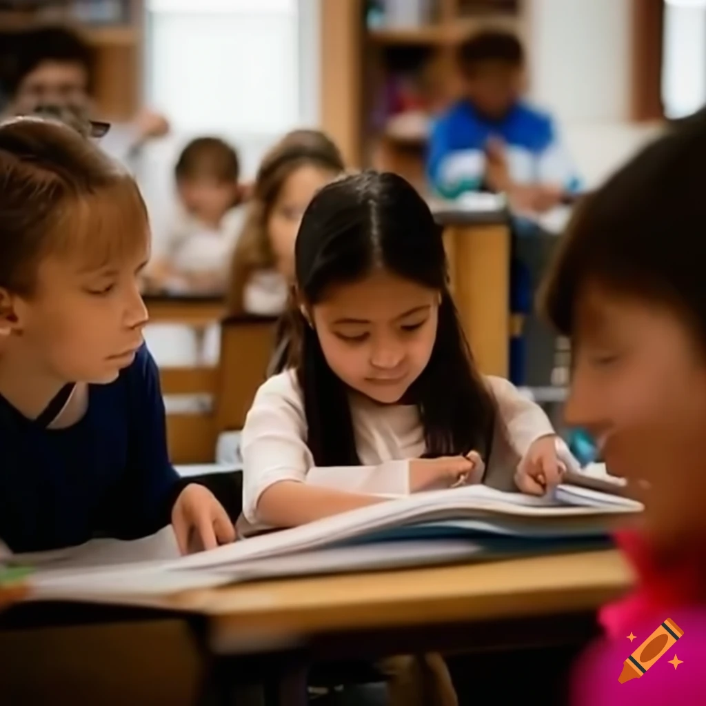 Lively 5th grade class with excited students in a group reading ...