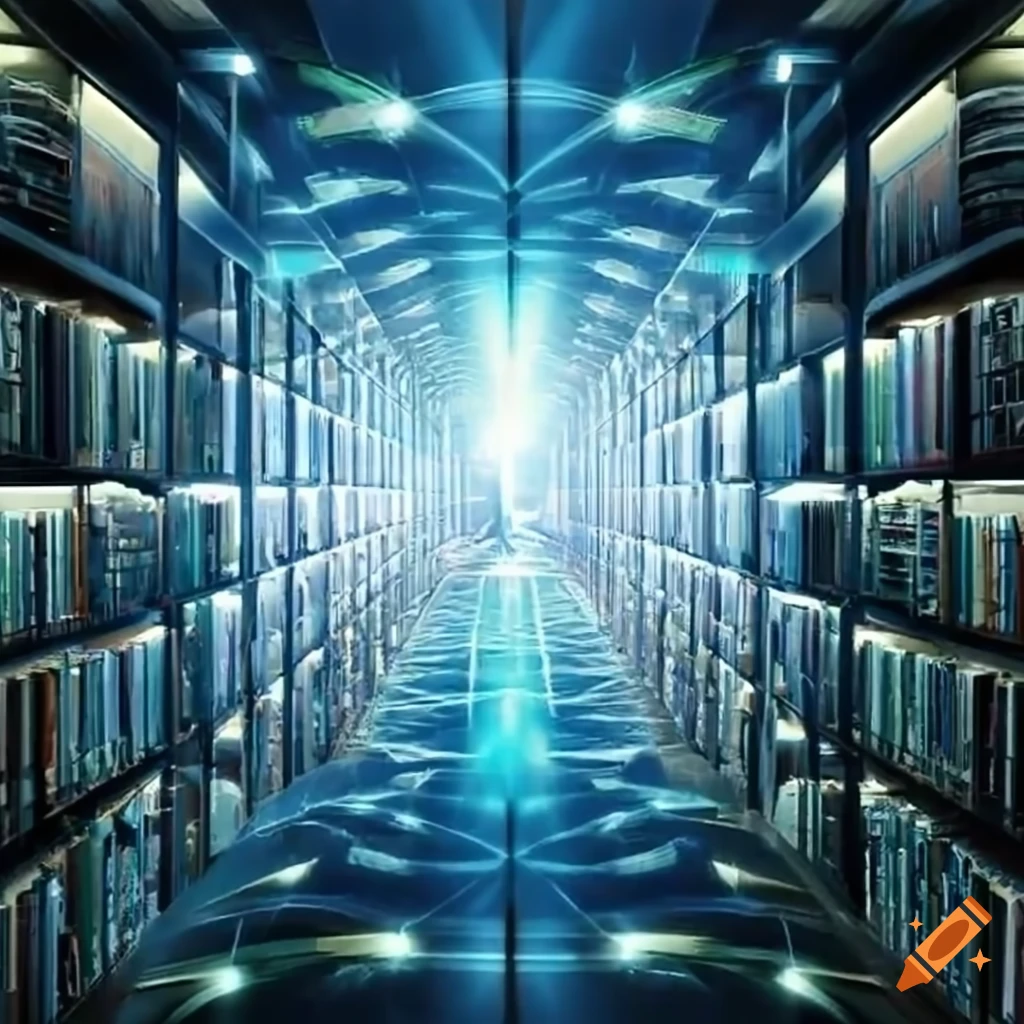 Futuristic library with high-tech neural network technology style ...