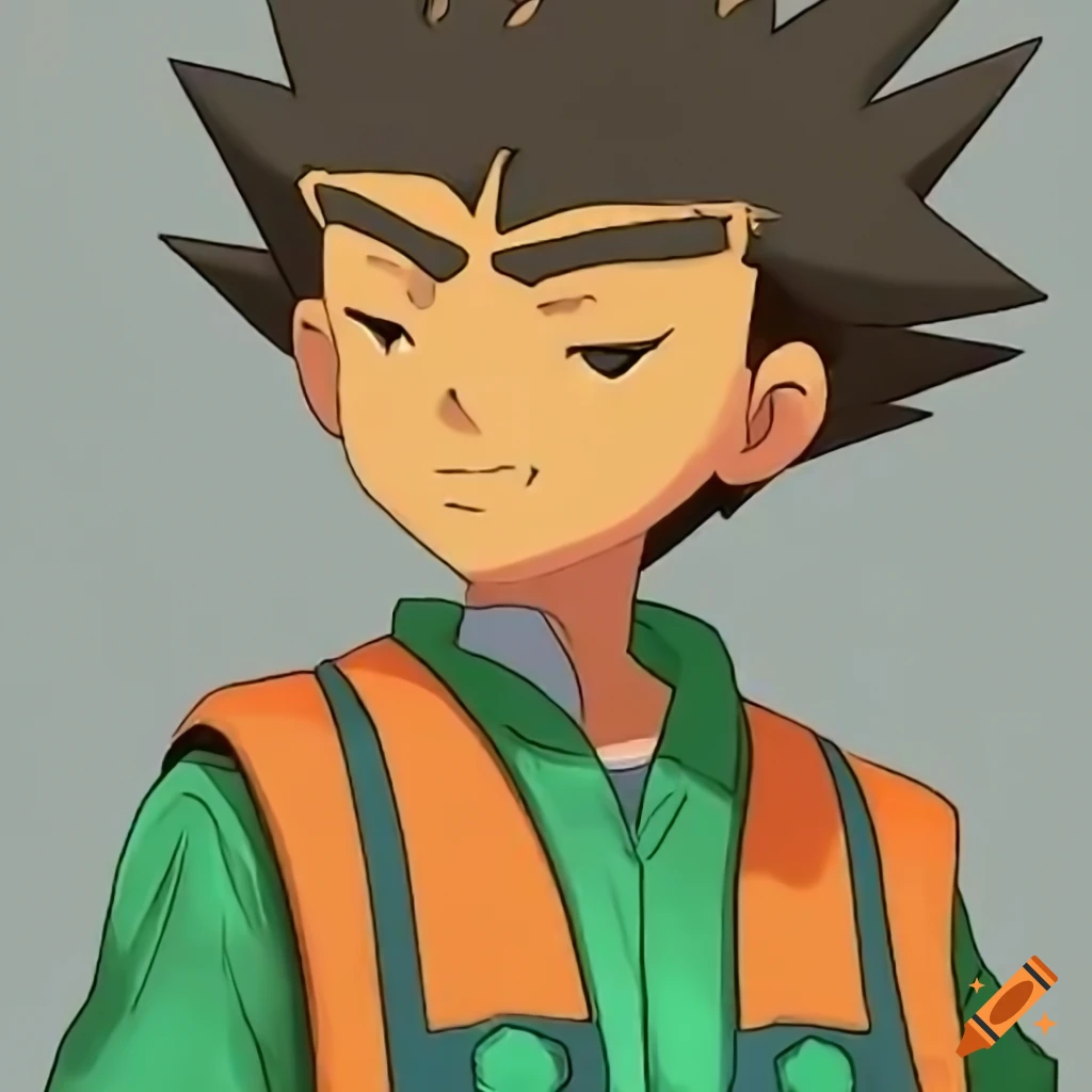 Brock from pokemon in orange vest over green shirt on Craiyon