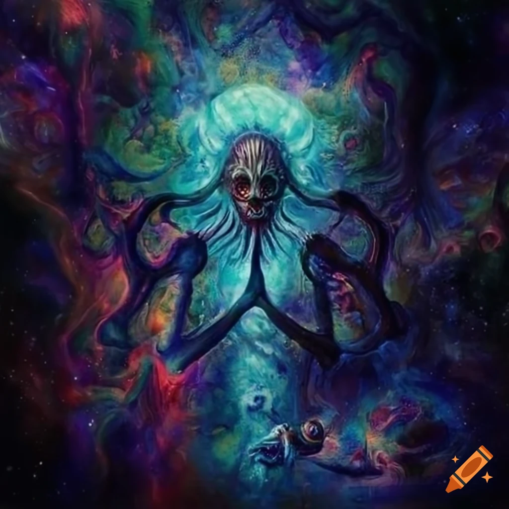 Surreal art with Eldritch symbol in cosmic chaos on Craiyon