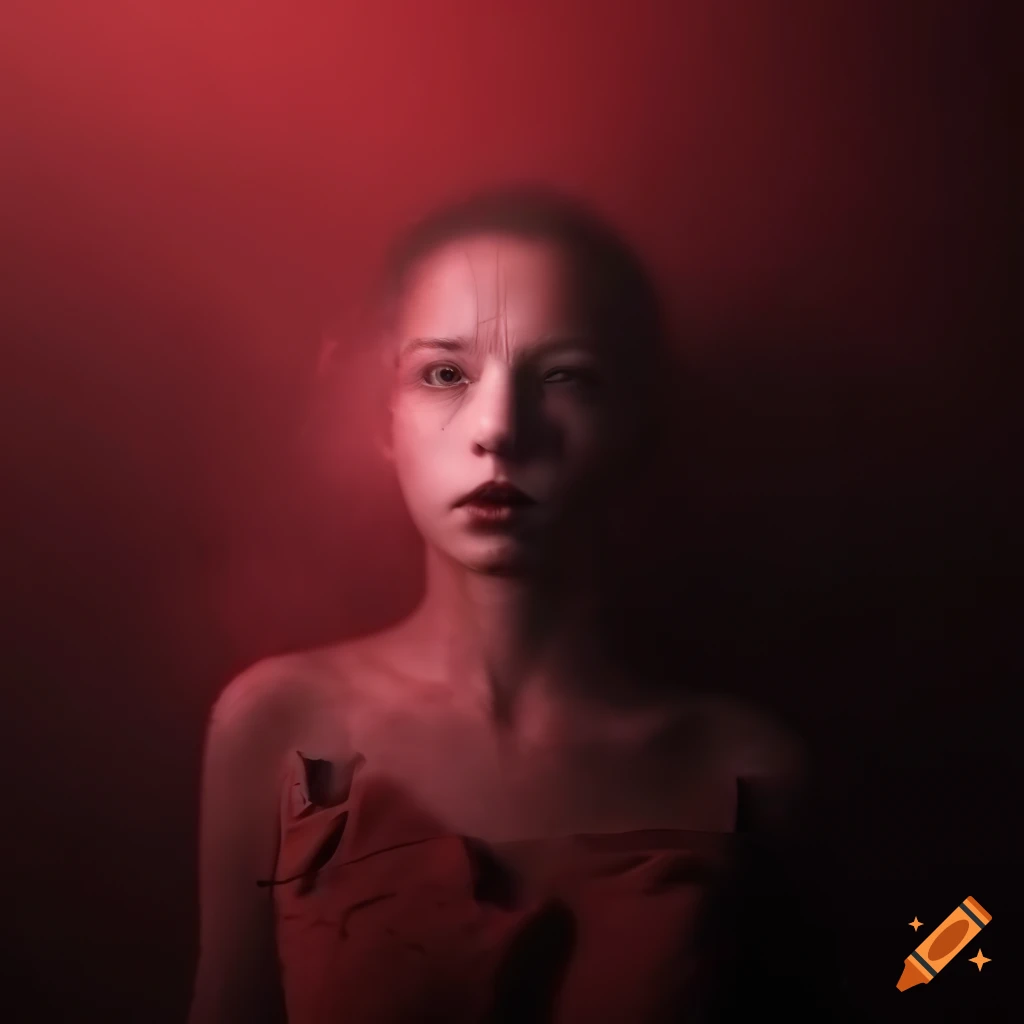 Faceless girl with red smoke and broken crosses under a distorted sky ...