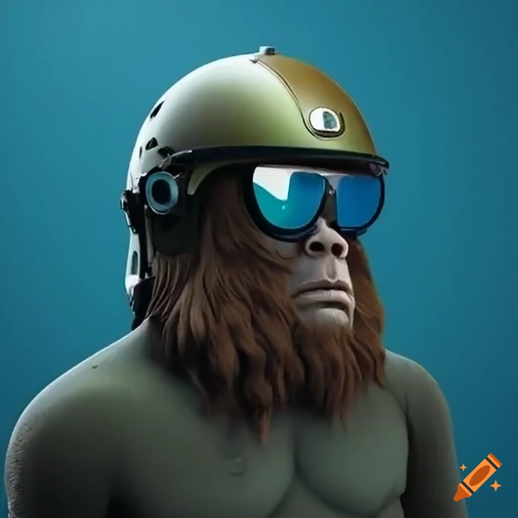 Bigfoot wearing sunglasses and pilot helmet on Craiyon