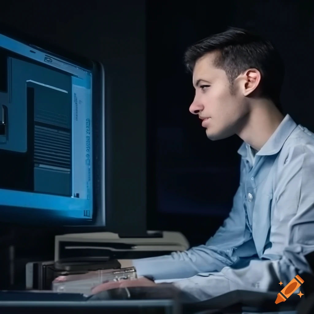 Focused IT specialist at a computer terminal in an engineering pose on ...