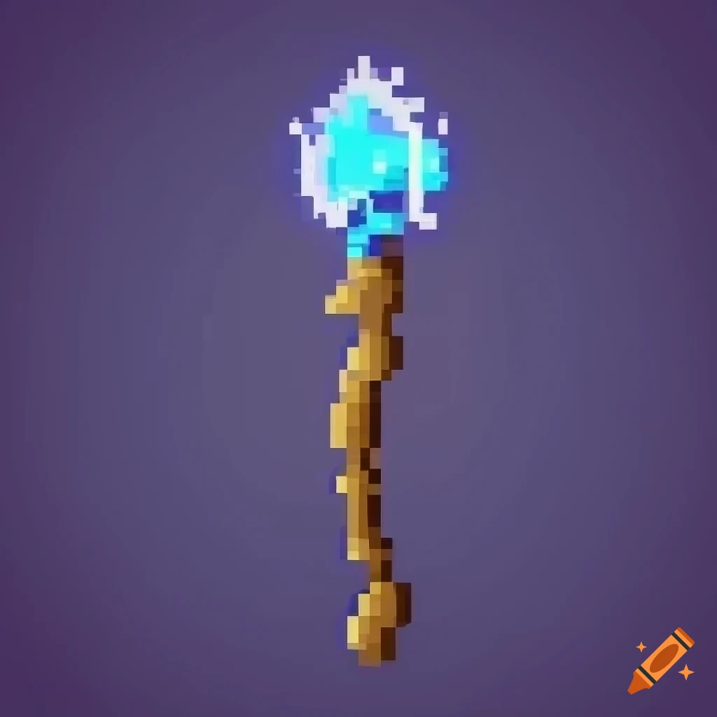 Pixel art of a wizard's staff with magical runes on Craiyon