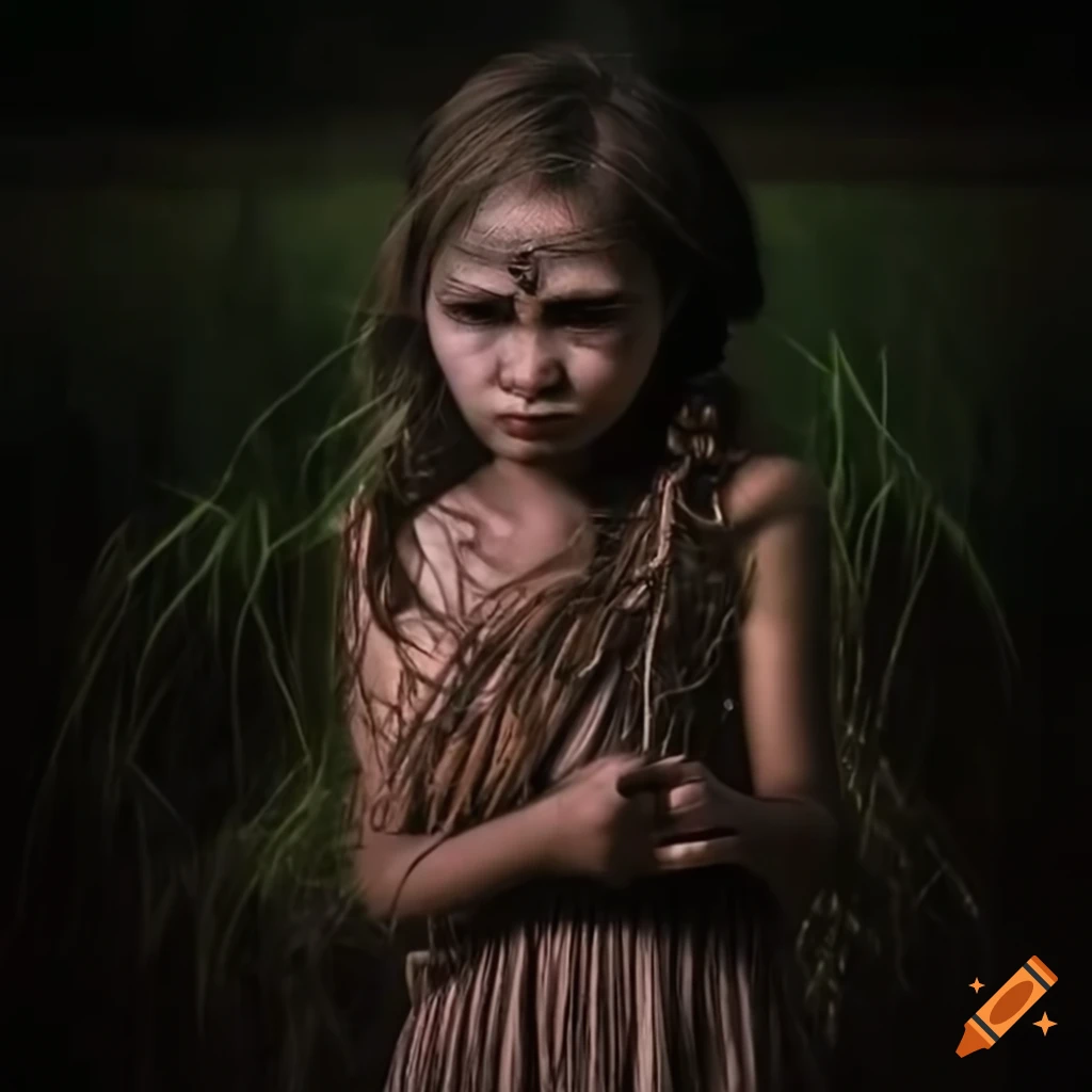 Girl in a rice field with a maya bird on her head in an eerie ...