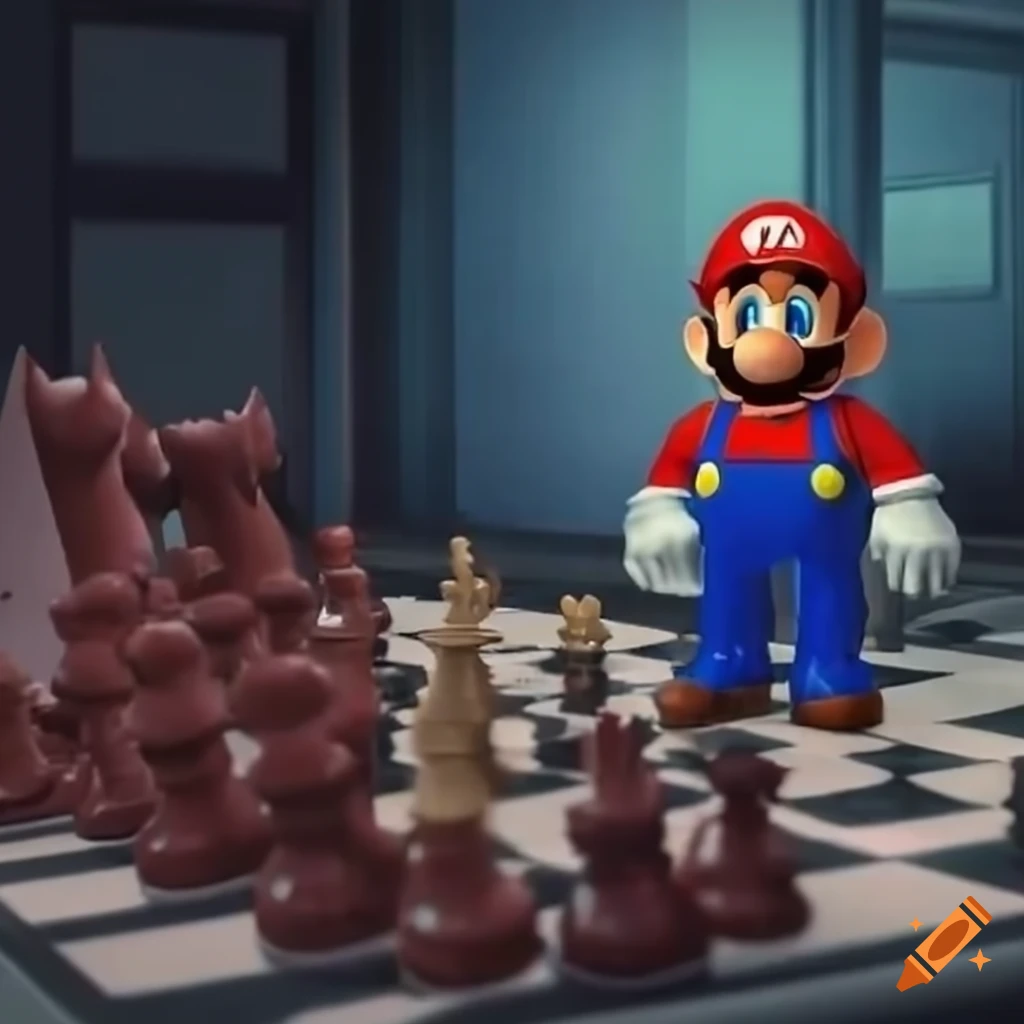 Mario playing chess against Gengar in a video game scene on Craiyon