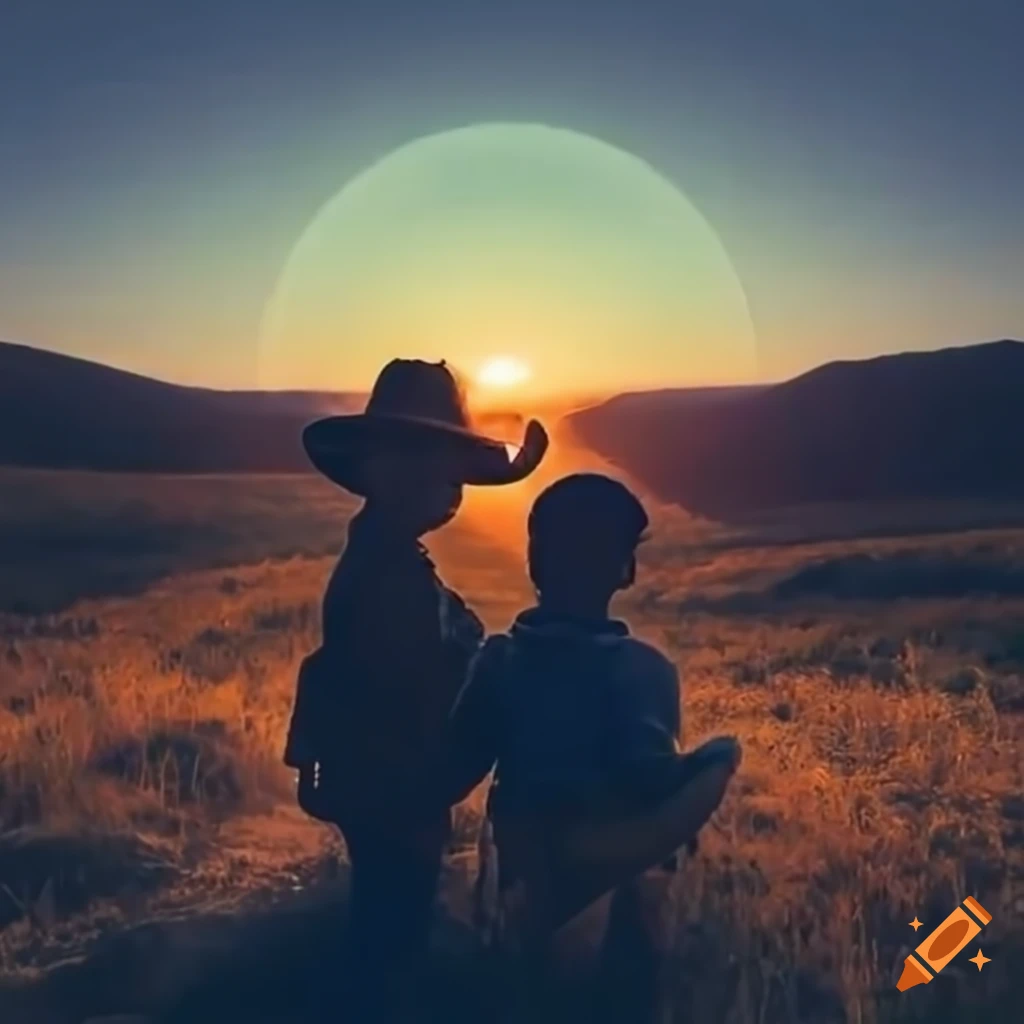 Cowboy brothers bonding on a serene farm at sunset on Craiyon