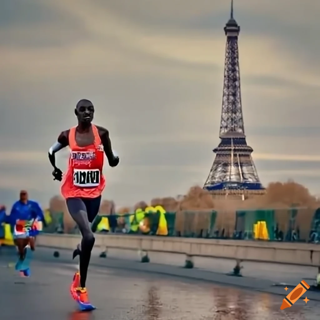 Kipchoge running marathon with eiffel tower backdrop in paris on Craiyon
