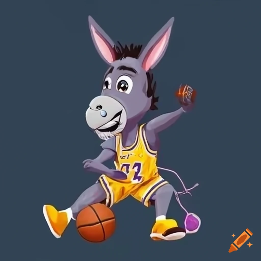 Cartoon donkey playing basketball in lakers jersey on Craiyon