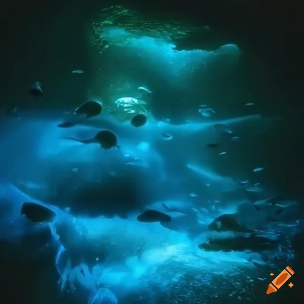 Underwater city with bioluminescent structures and sea creatures on Craiyon