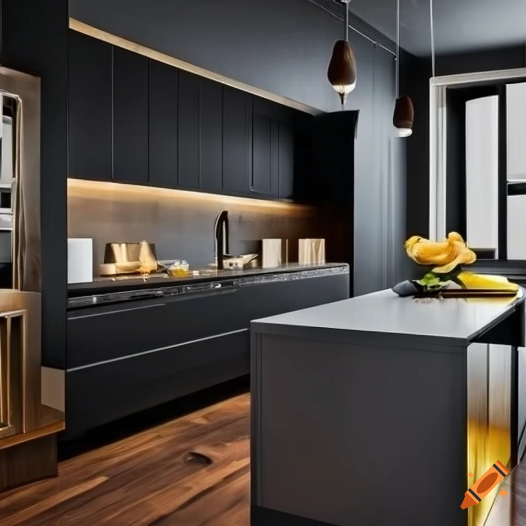 Modern kitchen with dark grey countertop, black cabinets, and gold ...