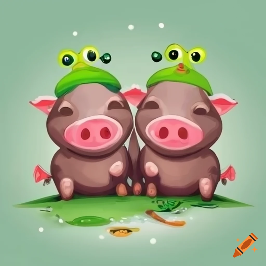 Adorable cartoon pigs fishing in frog hats on Craiyon
